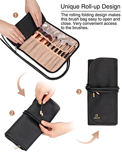 Relavel Makeup Brush Rolling Case Makeup Brush Bag Pouch Holder Cosmetic Bag Organizer Travel Portable Cosmetics Brushes Black Leather Case with Small Clear Bag