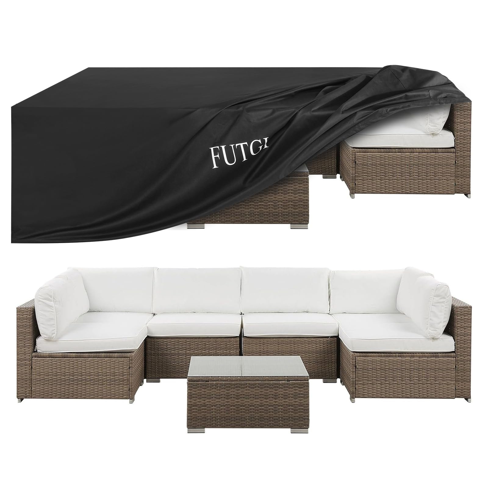 Outdoor Patio Furniture Covers Waterproof, 600D Heavy Duty Oxford Covers for Patio Furnitures as General Table Chair Bay Sofa, UV Proof Wind Proof Snow Resistant in Winter (Black, 124" x 71" x 29")