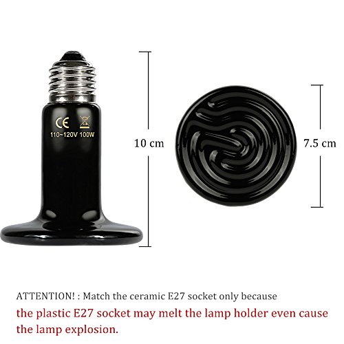 Zacro Reptile Heat Lamp 100W with One Digital Thermometer, Infrared Ceramic Heating Non-light Lamps Emitter 110V (Black)