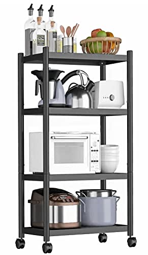 JEPRECO 4-Tier Stainless Steel Utility Shelving Unit with Wheels 23.6" L x 13.8" W x 43.5" H, Kitchen Baker's Rack Microwave Stand Cart for Kitchen Office Home, Multi-Purpose Organizer Rack (Black)
