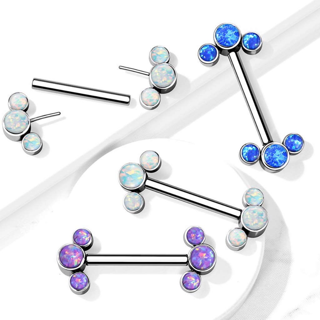 BODY DAZZ 14G Bezel Triple Synthetic Opal G23 Titanium Nipple Ring Barbells (Choose Threading) (White (Threadless Push-in))