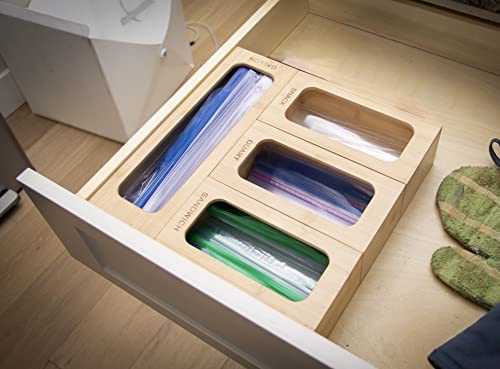 HEMMA Ziplock Bag Organizer, Premium Bamboo, Kitchen Drawer Organizer, Ziplock Bag Storage Organizer, Baggie Organizer, Compatible with Ziploc, Hefty, Solimo, etc. 4 Piece Set