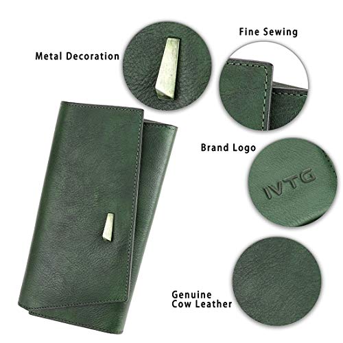 Genuine Leather Wallet RFID Blocking Women Long Purse Vintage Cowhide Handmade Card Holder Organizer (Green)