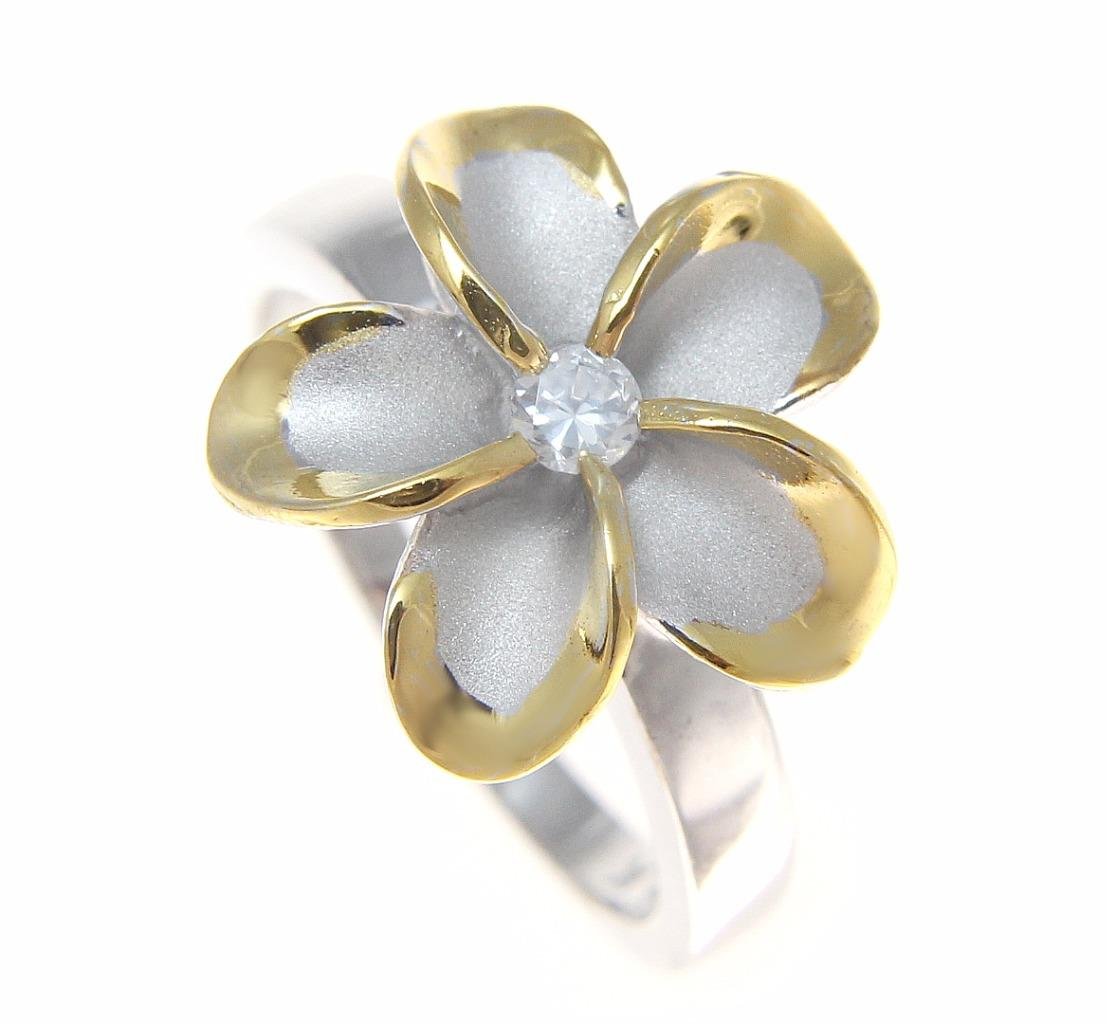 Arthur's Jewelry Sterling silver 925 Hawaiian plumeria flower cz ring 15mm rhodium and yellow gold plated 2 tone size 8.5