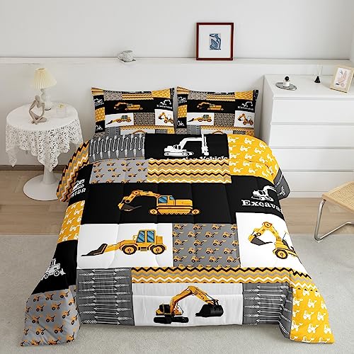 Feelyou Excavator Comforter Construction Vehicles Comforter Set Equipment Trucks Bedding Set for Children Kids Boys Girls Cartoon Car Duvet Set Geometric Lattice Room Decor Quilt Set Twin Size