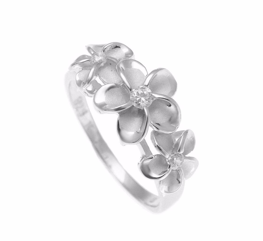 Arthur's Jewelry Sterling silver 925 Hawaiian 3 plumeria flower ring cz rhodium plated size 8