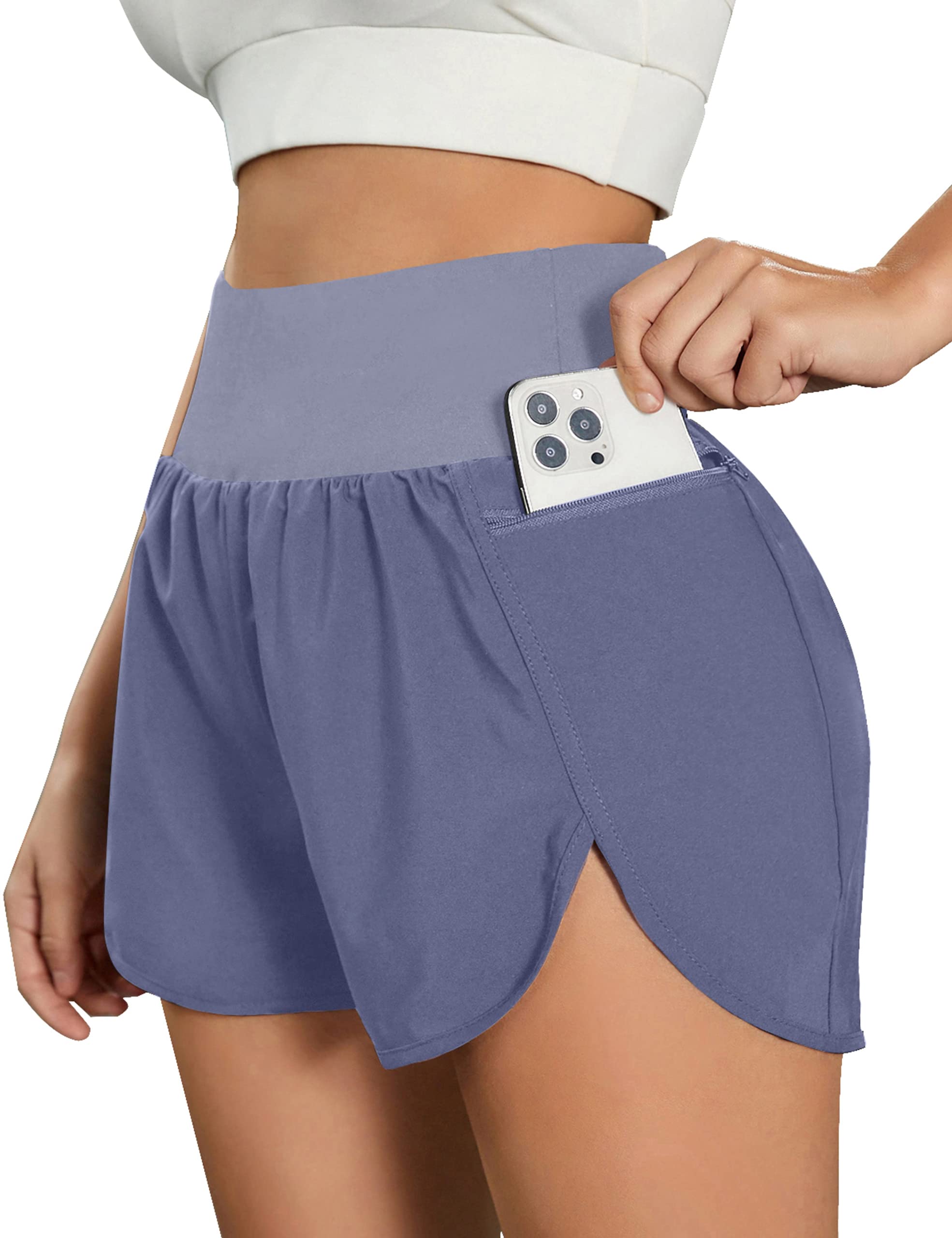 Blooming Jelly Womens High Waisted Running Shorts Tummy Control Workout Sport Shorts Black Athletic Shorts with Pocket(Bluegrey,Small)
