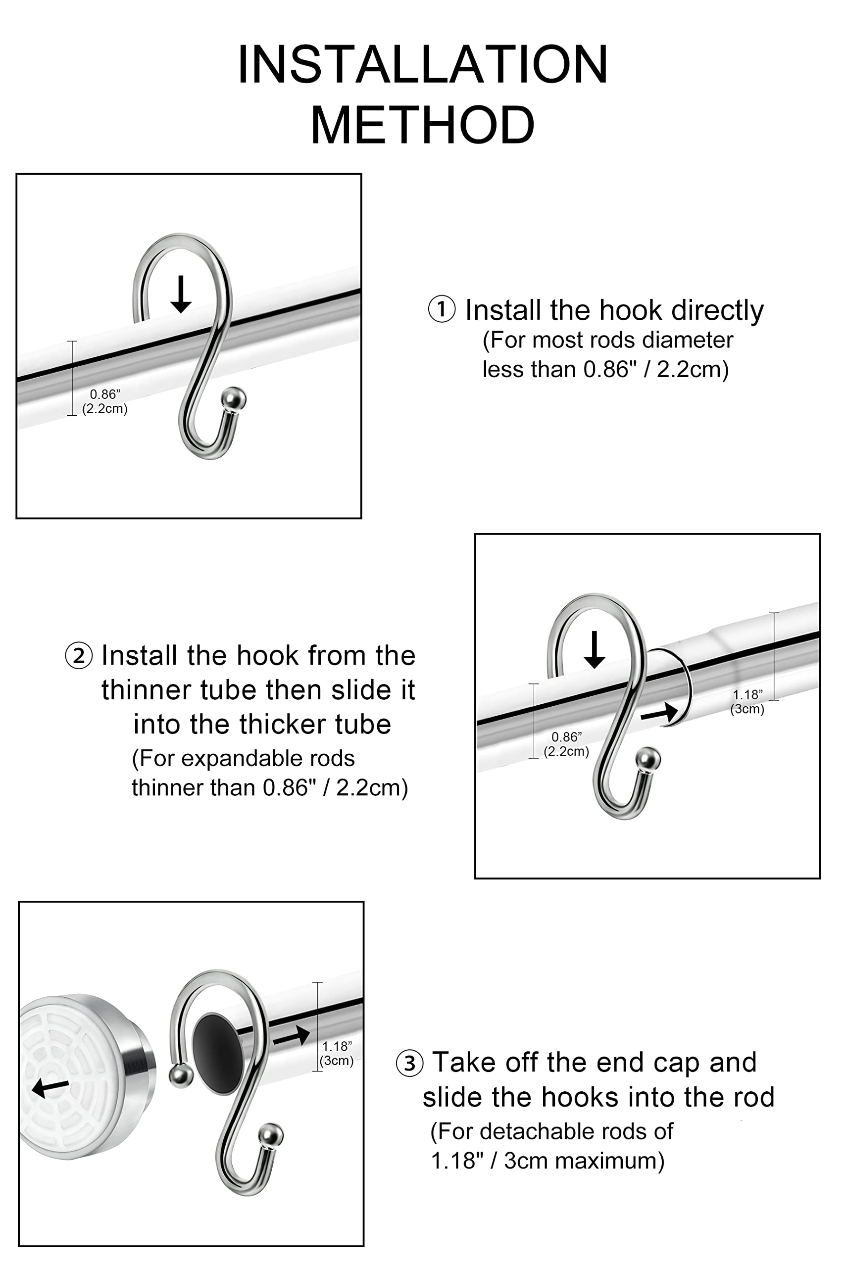 Stainless Steel S Shaped Hooks Rust Proof Set of 12 Hanger Rings for Bathroom Shower Curtain (White)