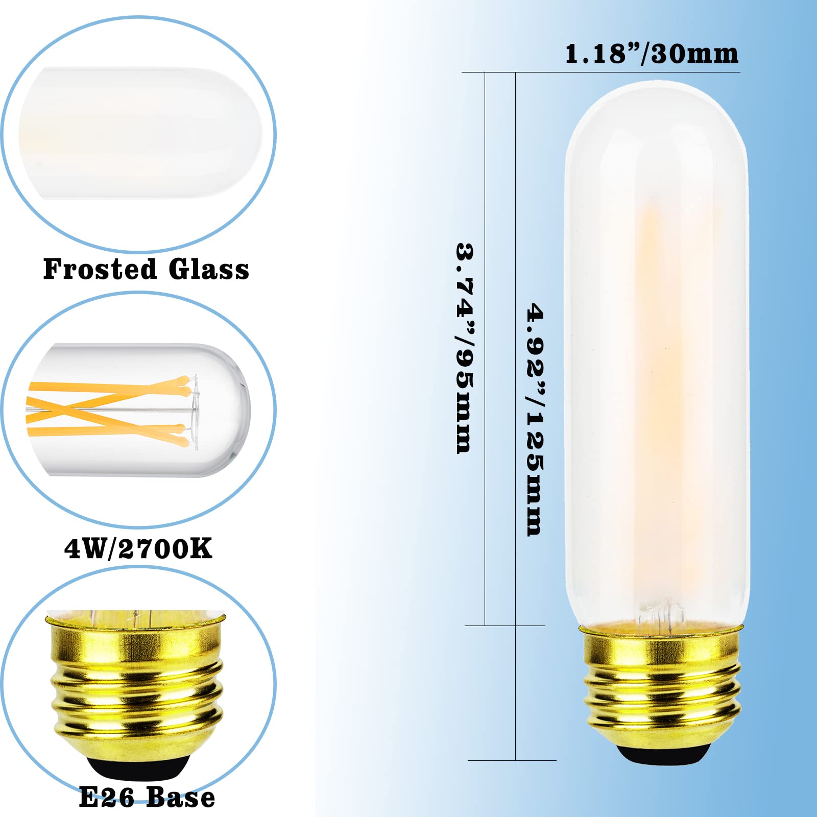 Yaoten T10 Dimmable Led Bulb, Frosted Led Light Bulb, 2W Equal to 25 Watt, 2700K Warm White Tubular Edison Bulb, E26 Base, for Cabinet, Displaying Cabinet, Pack of 3