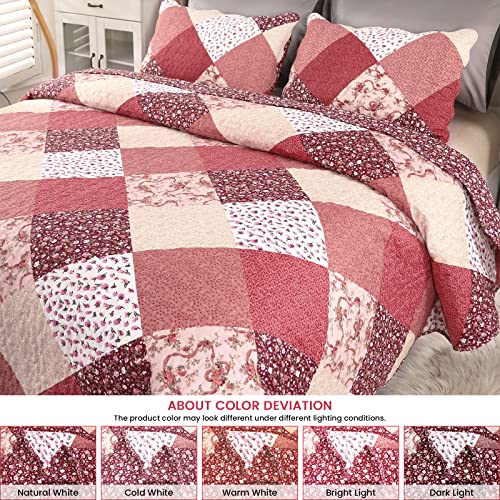 Qucover Quilt Queen Size, 3 Piece Multicolour Patchwork Print Red Pink Beige Floral Reversible Quilts Set, Soft Microfiber Lightweight Quilt Bedspread Bedding Set for All Seasons