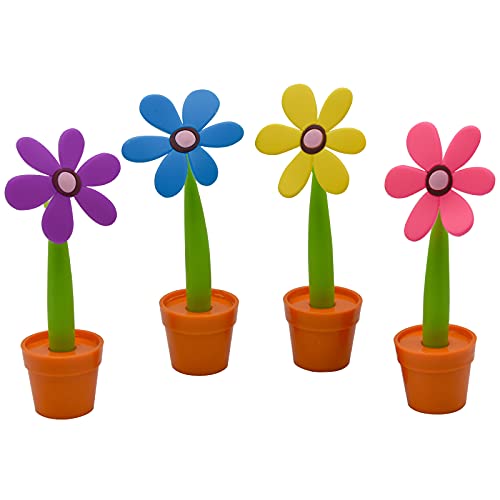 Maydahui 4PCS Flower Ballpoint Pens with Plant Pot Stand on Desk Set Blue Gel Ink Cute Creative Design Colorful for Student Party Valentine's Day