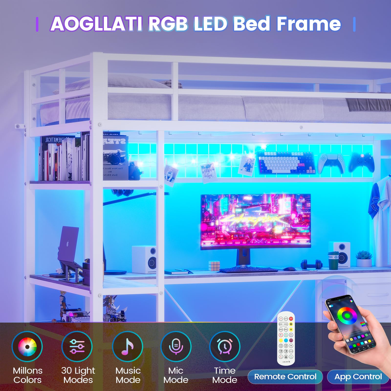 AOGLLATI Loft Bed Twin Size with L-Shaped Desk, Charging Station, LED Lights, Twin Metal Loft Bed Frame with 4 Storage Shelves,3 Fabric Drawers and Clothing Rail,No Box Spring Needed, White