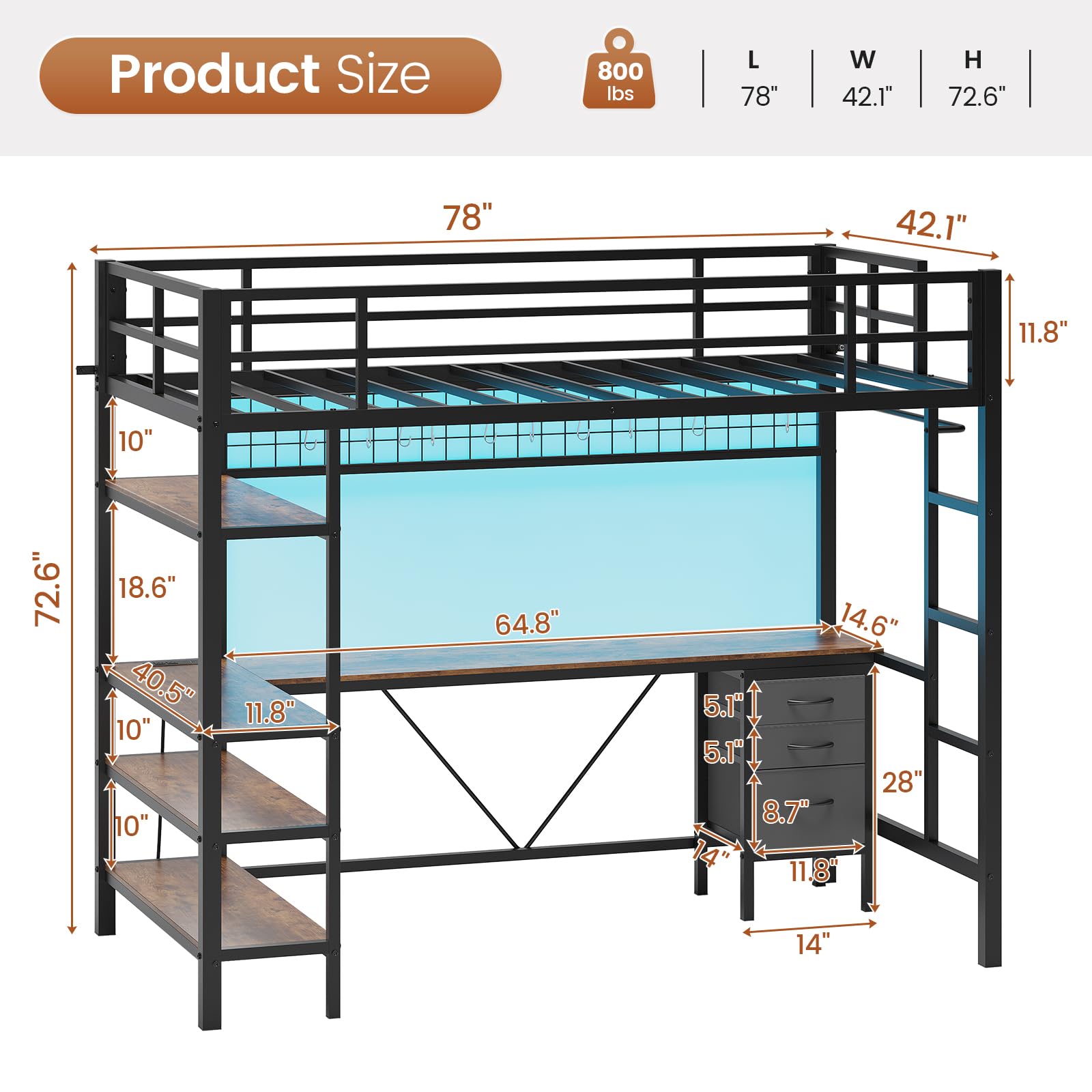 AOGLLATI Loft Bed Twin Size with L-Shaped Desk, Charging Station, LED Lights, Twin Metal Loft Bed Frame with 4 Storage Shelves,3 Fabric Drawers and Clothing Rail,No Box Spring Needed, Black