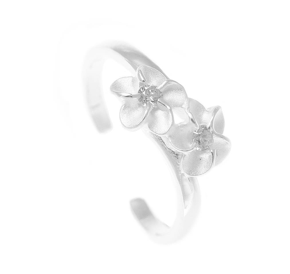 Arthur's Jewelry 925 sterling silver Hawaiian double plumeria flower white cz open toe ring