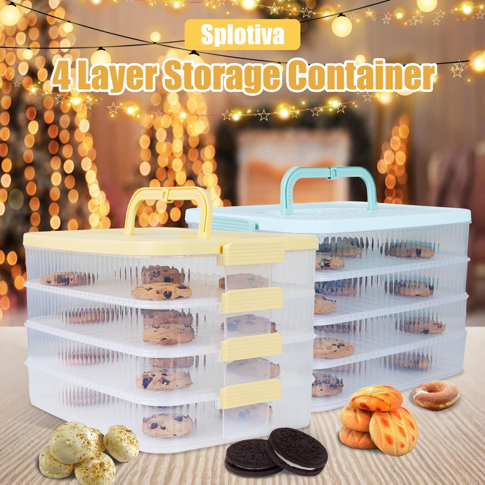 Splotiva 4 Layers Storage Container, 1.61'' Extra-High Layer, Cookie Carrier, Dumpling Box, Stackable Food Container (White & Mint Green)