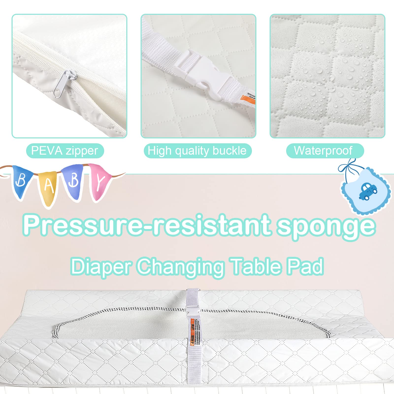 Baby Changing Pad with 6 Pack Ultra Soft Plush Liners Waterproof Diaper Changing Pad 16 x 32 in Foam Contoured Changing Table Pads with Security Strap Two High Curved Sides for Dresser Changing Table