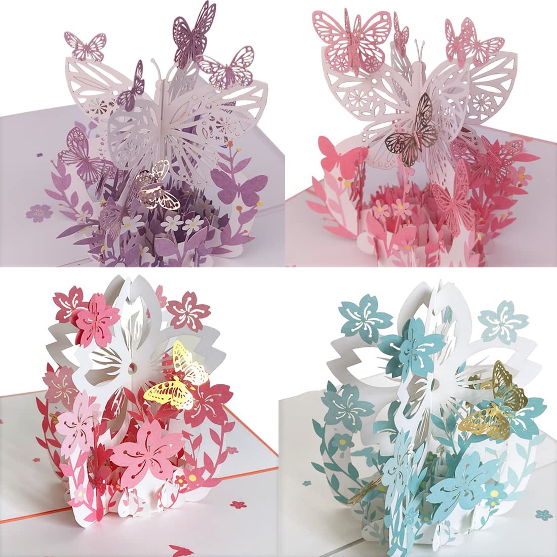 JRIQHOLD 3D Butterfly Flower Pop Up Cards, Set of 4 Greeting Cards, Motherās Day/Birthday/Anniversary/Thinking of You/Valentineās Day Card for Her/Wife/Women, with Envelope & Sealing Sticker