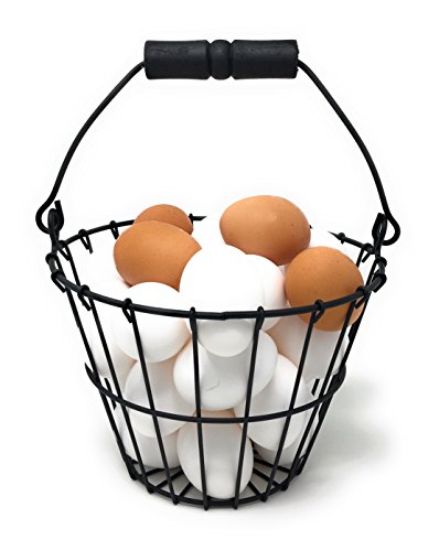 Wire Egg Basket, Round with Wood Handle, Black by EggBaskets