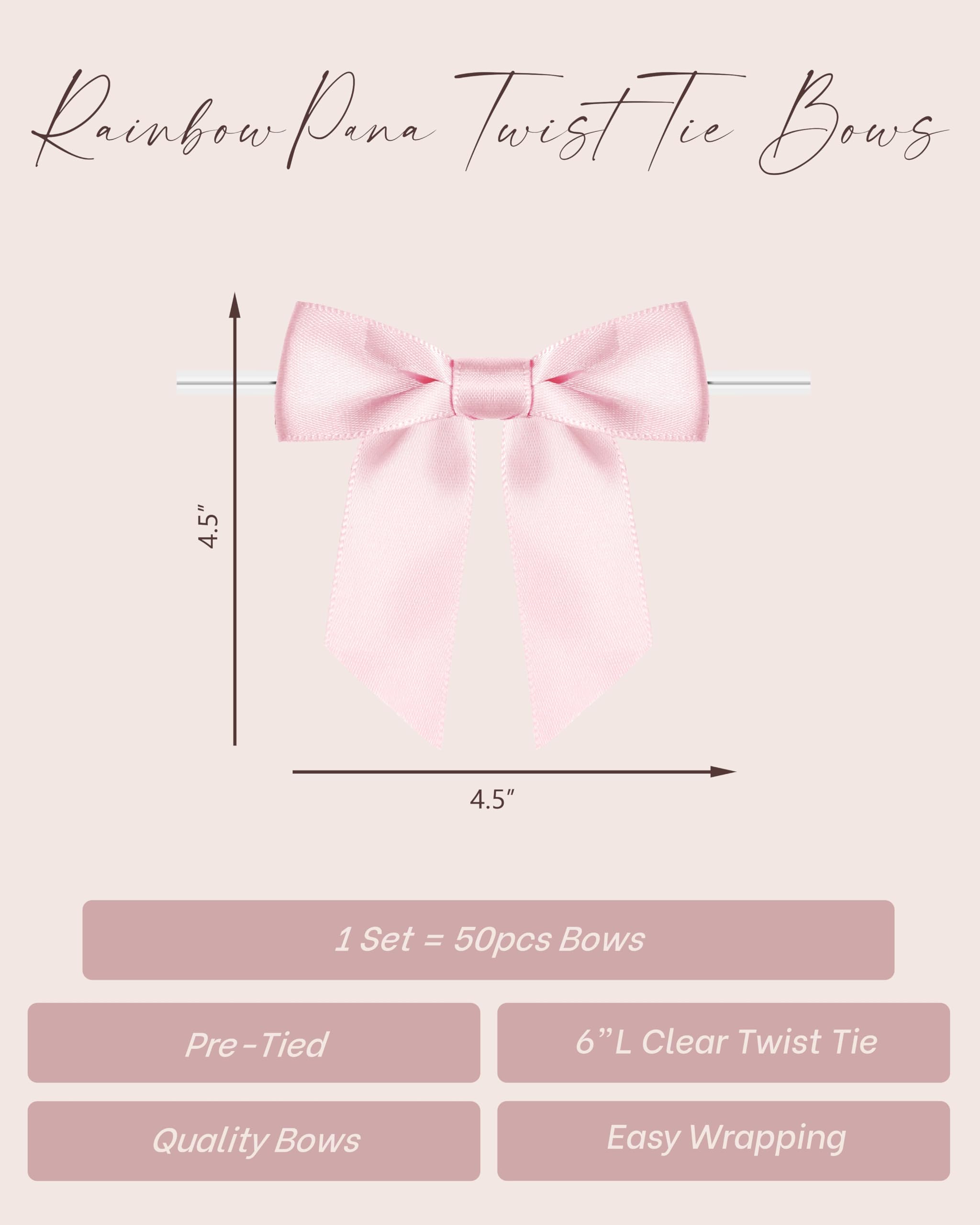 RainbowPana 50 Pack 4.5" Twist Tie Bows, Luxury Baby Pink Satin Ribbon Pretied Bows, Premade Craft Decoration for Package