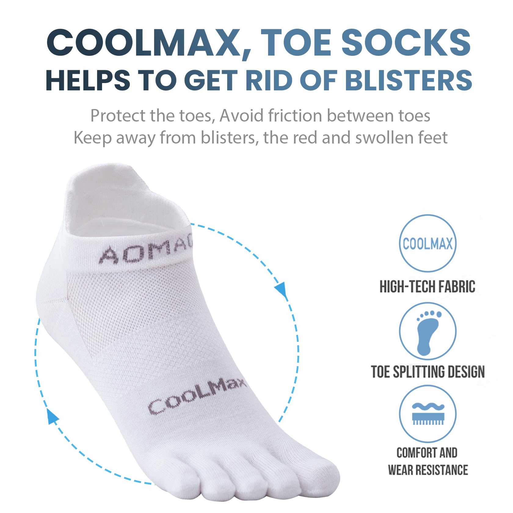 aomagic Men & Women's Five Toe Socks for running hiking,Athletic 5 Toe Socks Lightweight Breathable-Value 3 Packs-White, Medium