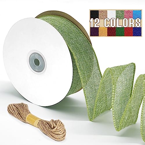 Sage Green Burlap Wired Ribbon, 1-1/2 Inch x 10 Yards Natural Color Ribbon for Gift Wrapping Wreath Bow Christmas Trees Decoration DIY Crafts