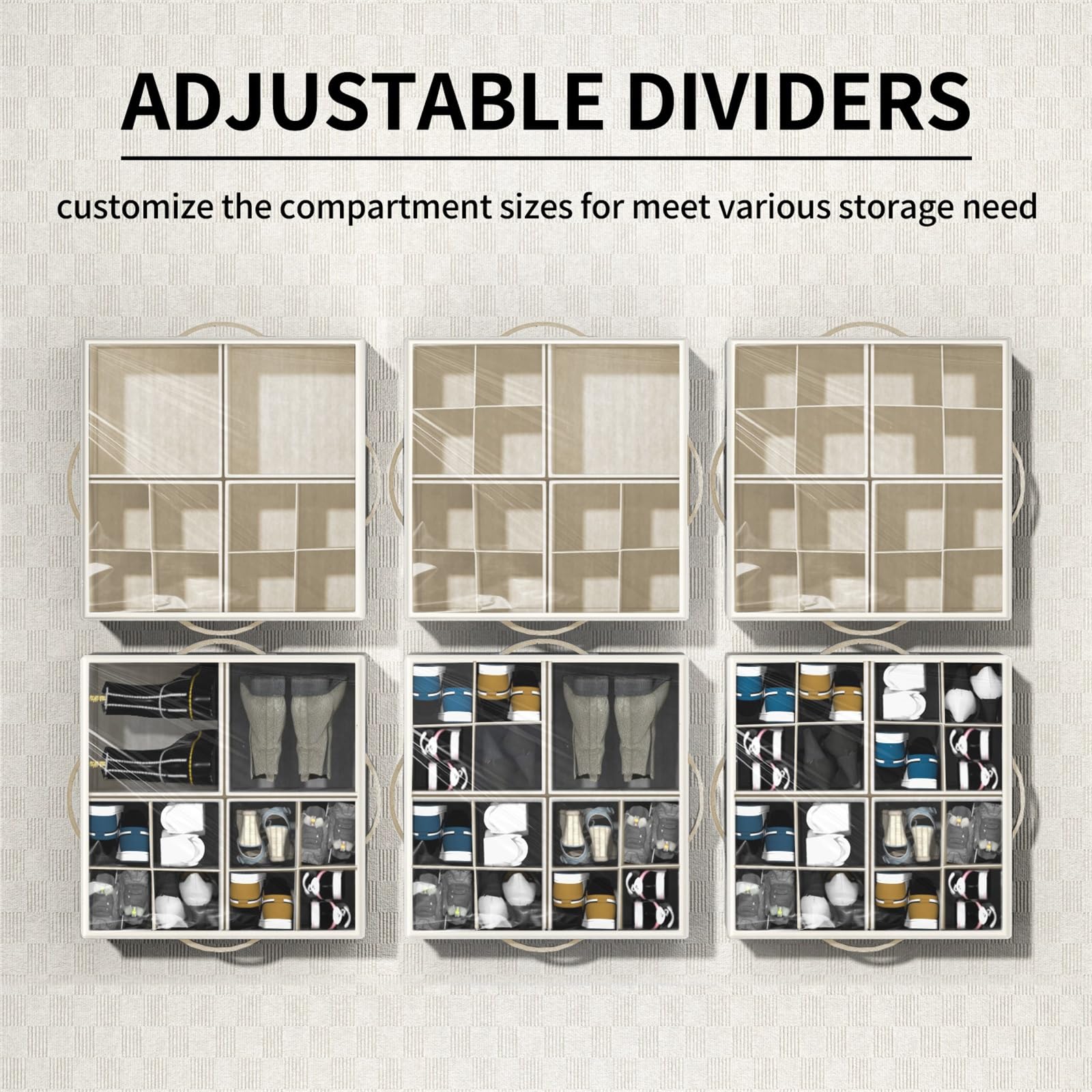 Aokeyee Shoe Organizer for Closet,2 Pack Foldable Shoe Storage Organizer Box Bin w/Adjustable Dividers and Clear Cover, Fits up to 16-32 Pairs, (Beige)