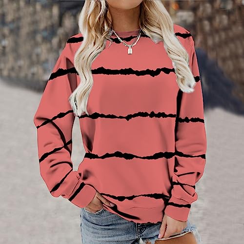 Homisy Women's Vintage Stripe Print Sweatshirt Casual Long Sleeve Pullover Sweatshirt Tops Loose Fit Crewneck Sweatshirt Watermelon Red