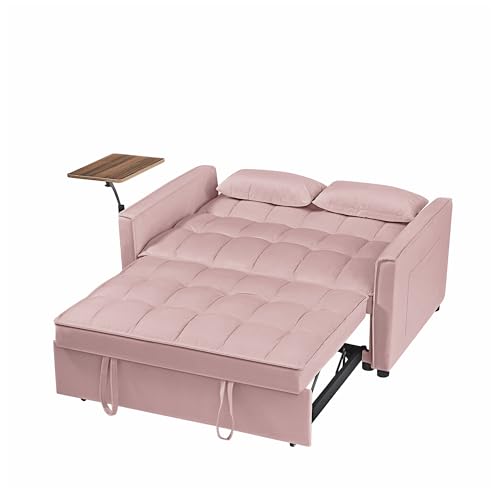 Comfy Velvet Tufted Upholstered Sofa Loveseat Convertible Futon Sofabed,Love Seat W/Pull Out Sleeper Couch Bed and 360 Adjustable Side Table for Coffee & Computer, Modern Compact Daybed