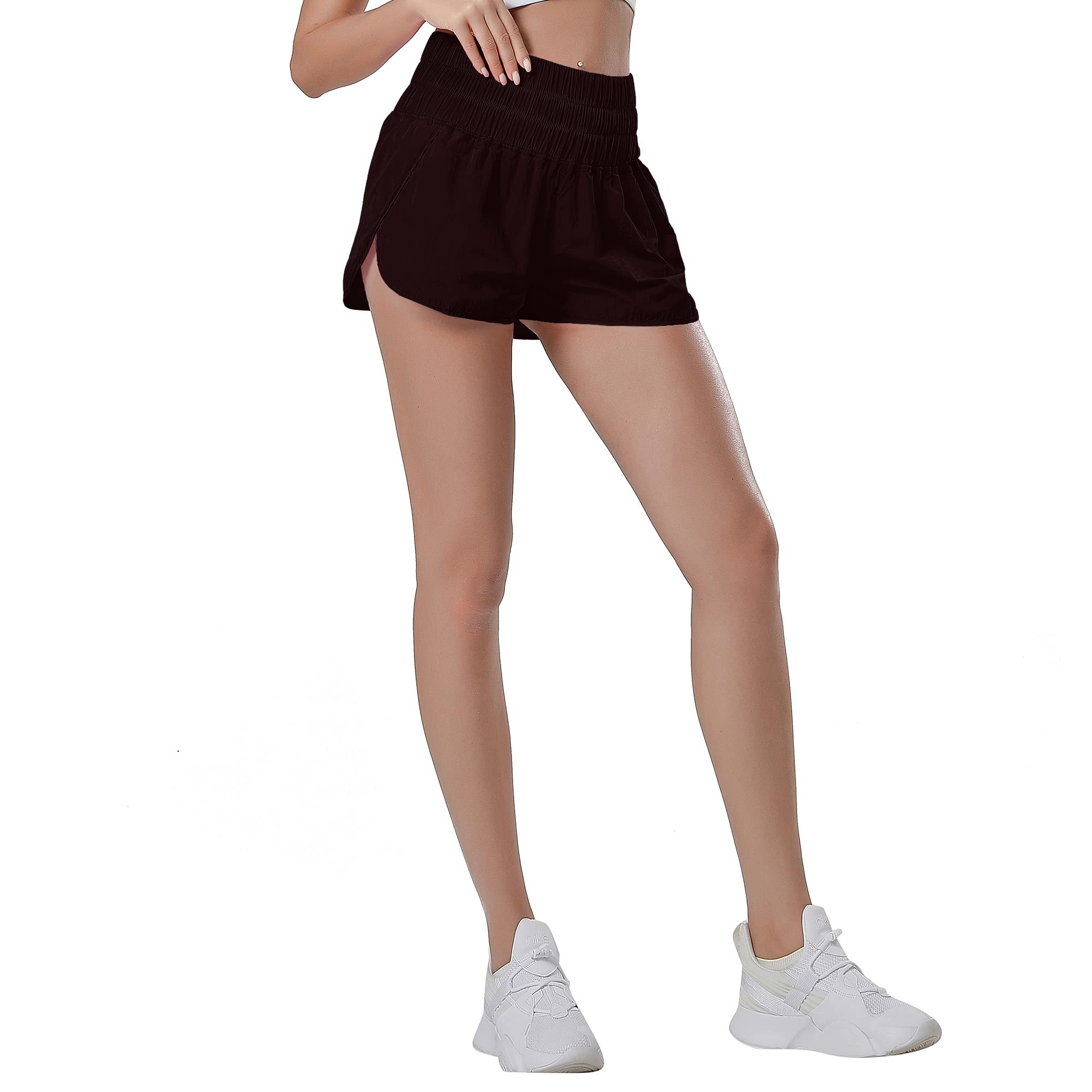 Aurefin High Waisted Athletic Shorts for Women,Womens Running Shorts with Mesh Liner Quick Dry Casual Workout Active Shorts Brown/L