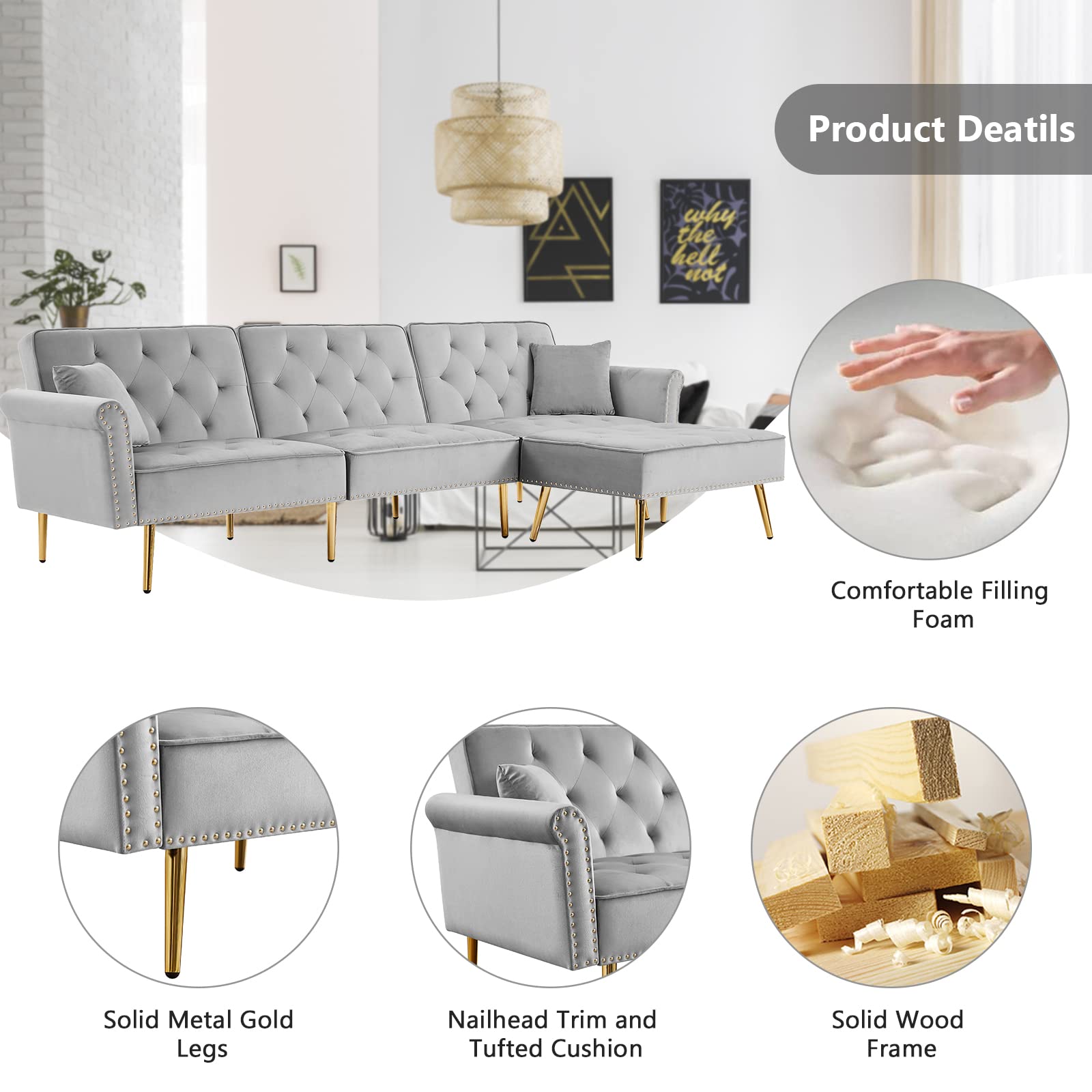 Hommoo 110β Modern Reversible Sectional Couch for Living Room Velvet L Shaped Couch with Removable Ottoman Nailhead Trim 3 Seater Sofa with Metal Gold Legs Light Gray