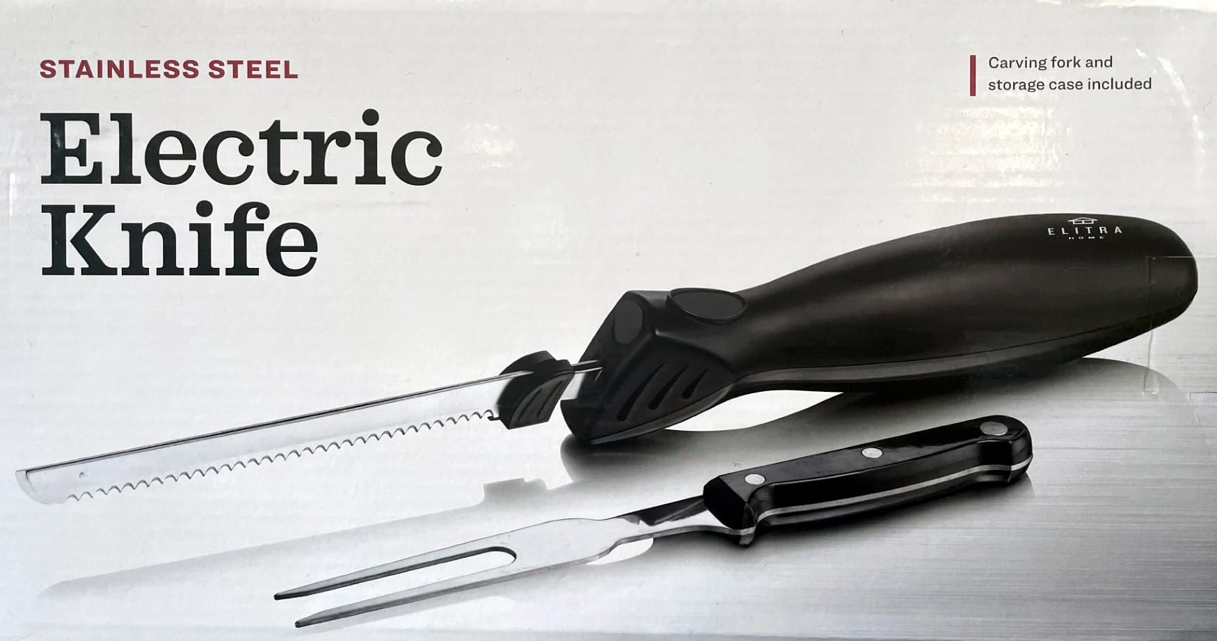 ELITRA HOME Professional Grade Electric Knife | Easy Slice Electric Kitchen Knife For Carving Meats, Bread, Turkey, and More | Stainless Steel Serrated Blade, Carving Fork, and Storage Case