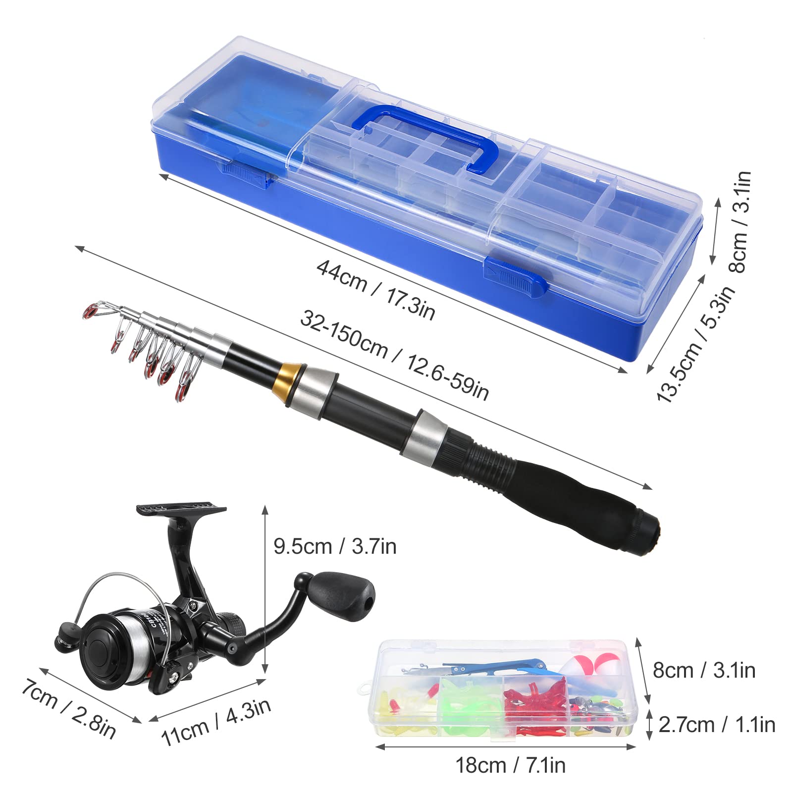 Aomiun 1.5m/1.7m Telescopic Fishing Rod Whirl Reel Tackle Set for Saltwater and Freshwater