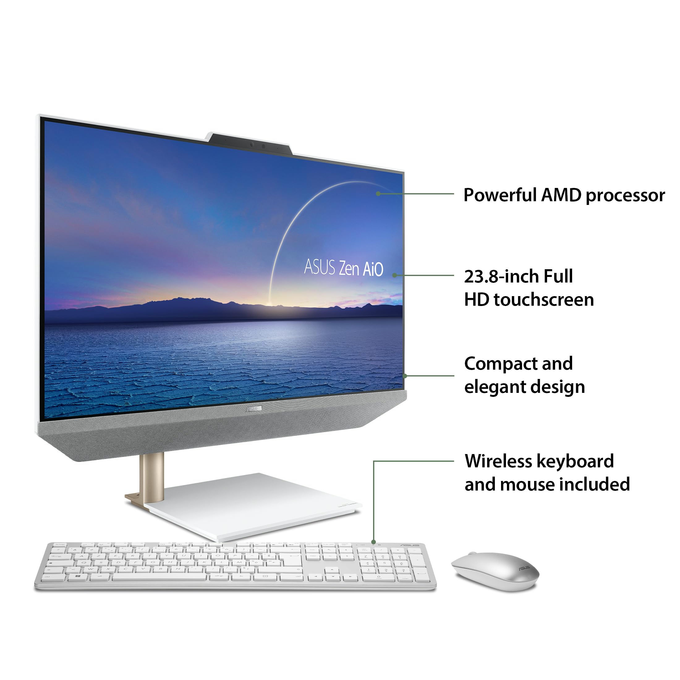 ASUS AiO M3400 All-in-One Desktop PC, 23.8-inch Full HD Anti-Glare Display, AMD Ryzen 5 5625U Processor, 8GB DDR4 RAM, 512GB NVMe PCIe, Windows 11 Home, Kensington Lock, M3400WYA-DH503