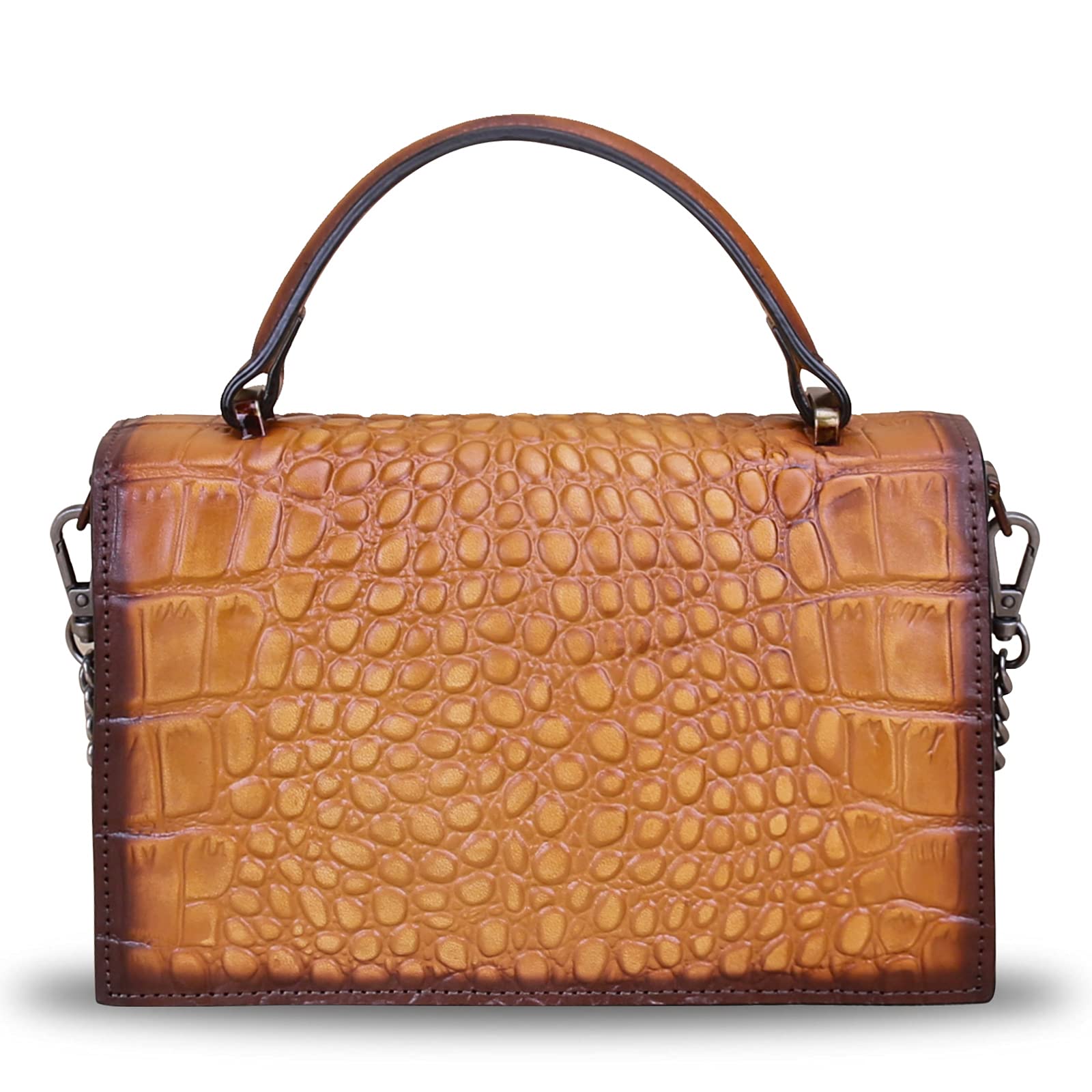 Genuine Leather Handbags for Women Retro Handmade Small Satchel Purse Luxury Top Handle Real Leather Embossed Design Crossbody Bag (Brown)