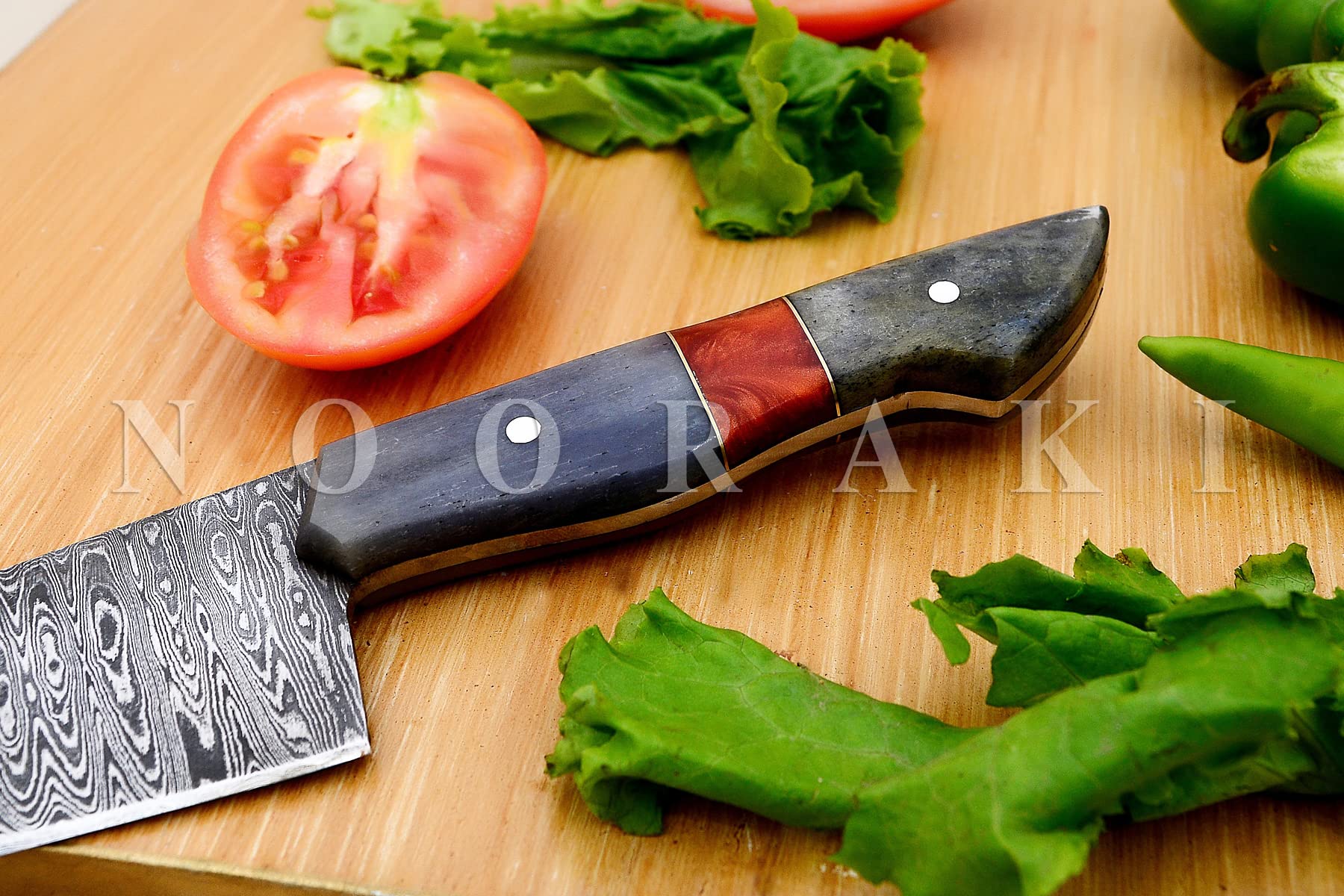 Nooraki KCK335 Hand Forged Damascus Steel Chef Knife Ladder Pattern and Cowhide Sheath, Multipurpose Kitchen Knives with Full Tang Coloured Bone and red resin sheath Handle 12" Length