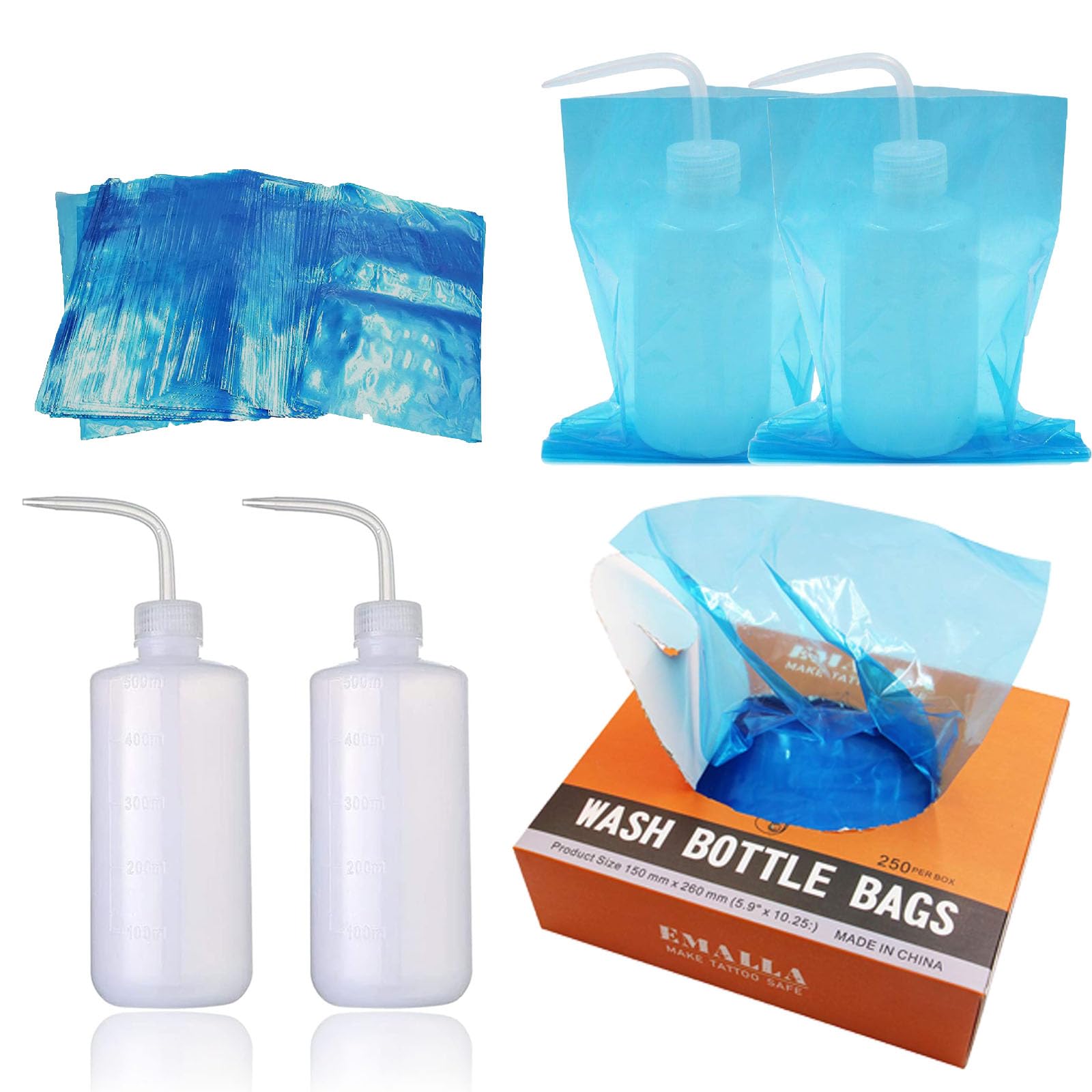 Gakonp 250pcs Tattoo Bottles Bags with 2pcs Tattoo Wash Bottles 250ml Tattoo Wash Bottle Disposable Squeeze Bottle Sleeves for Tattoo Supplies Tattoo Kits…