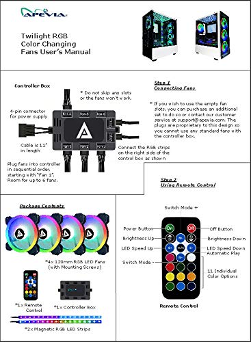 Apevia TL42-RGB Twilight 120mm Silent Dual-Ring RGB Color Changing LED Fan with Remote Control, 28x LEDs & 8X Anti-Vibration Rubber Pads w/ 2 Magnetic LED Strips (4+2-pk)
