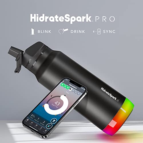 Hidrate Spark PRO Smart Water Bottle β Insulated Stainless Steel β Tracks Water Intake with Bluetooth, LED Glow Reminder When You Need to Drink β Straw Lid, 32oz, Black