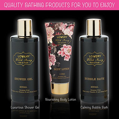Valentines Day Home Spa Gift Basket, 8pc Bath & Body Set For Women and Men, Fresh Peony Scent - Contains Shower Gel, Bubble Bath, Lotion, Bath Salt, Body Scrub, Bath Soap, Back Scrubber & Cosmetic Bag