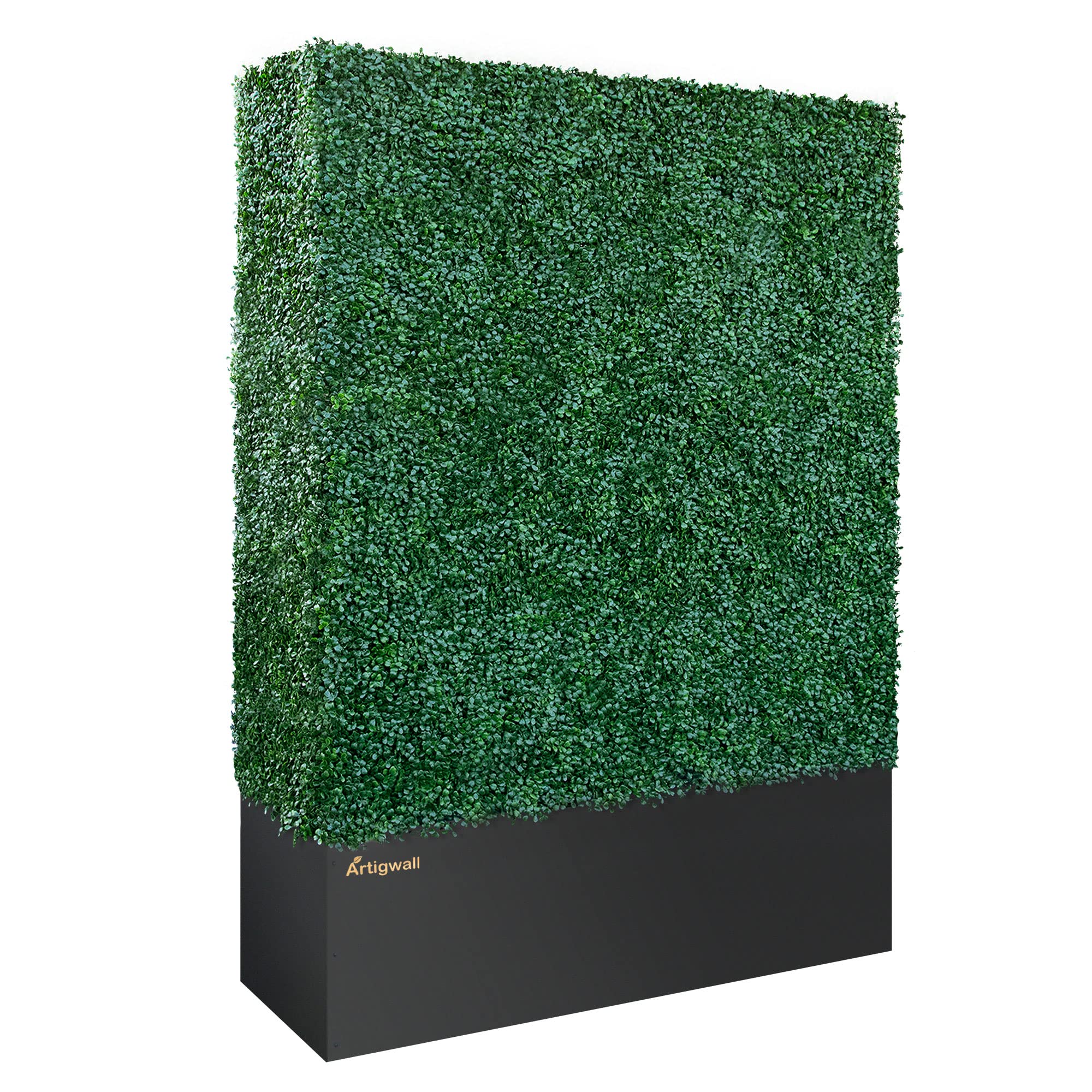 Artigwall Artificial Boxwood Hedge Dividing Wall with Black Stainless Steel Planter Box and Hardware for Home, Patio, Deck, or Office, 64" Hx48 Wx14 D