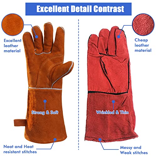QeeLink Welding Gloves - Heat & Wear Resistant Lined Leather and Fireproof Stitching - For Welders/Fireplace/BBQ/Gardening, 16-Inch