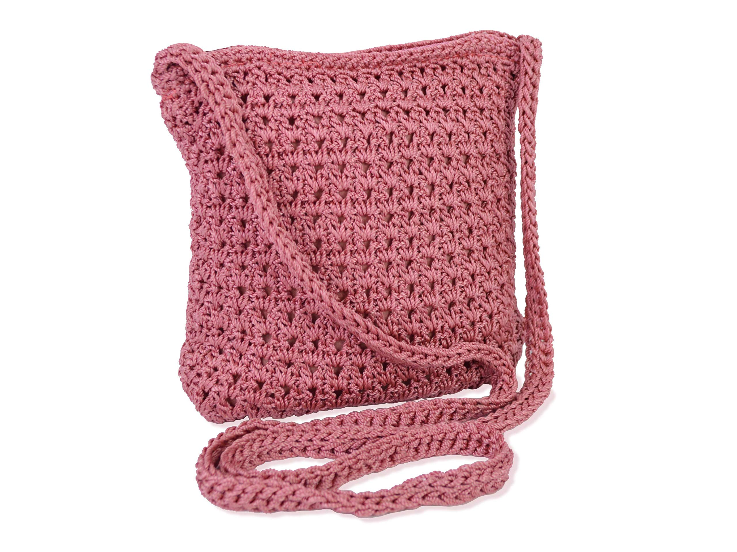 HatQuarters Boho Crochet Crossbody Handbag, Organizer Sling Bag, Small Crocheted Hippie Purse (Rose)