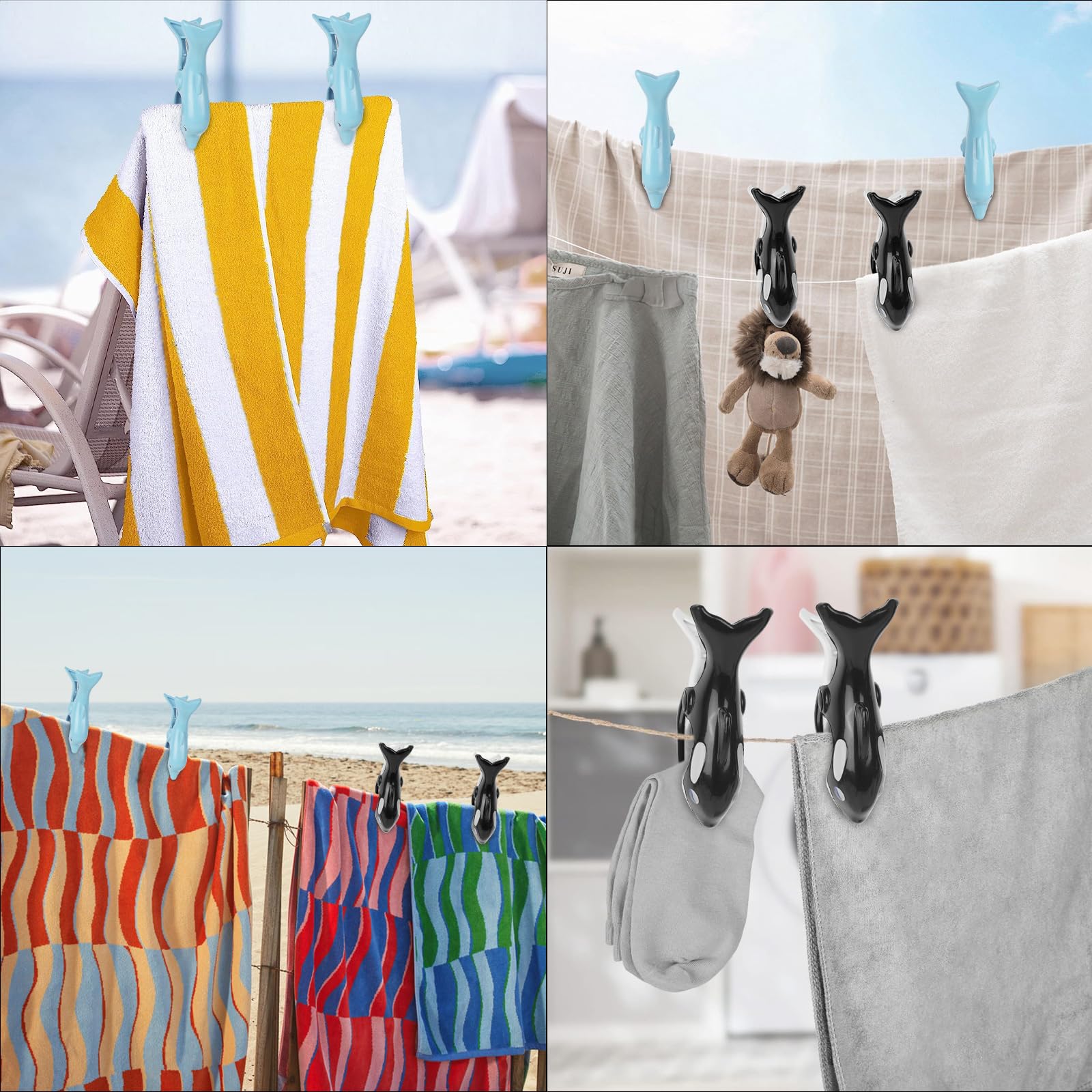 CAIRIAC Dolphin Beach Towel Clips, Windproof Plastic Clothespins, Animal Towel Laundry Clips for Beach Chair Pool Picnic Camping(4 Packs)