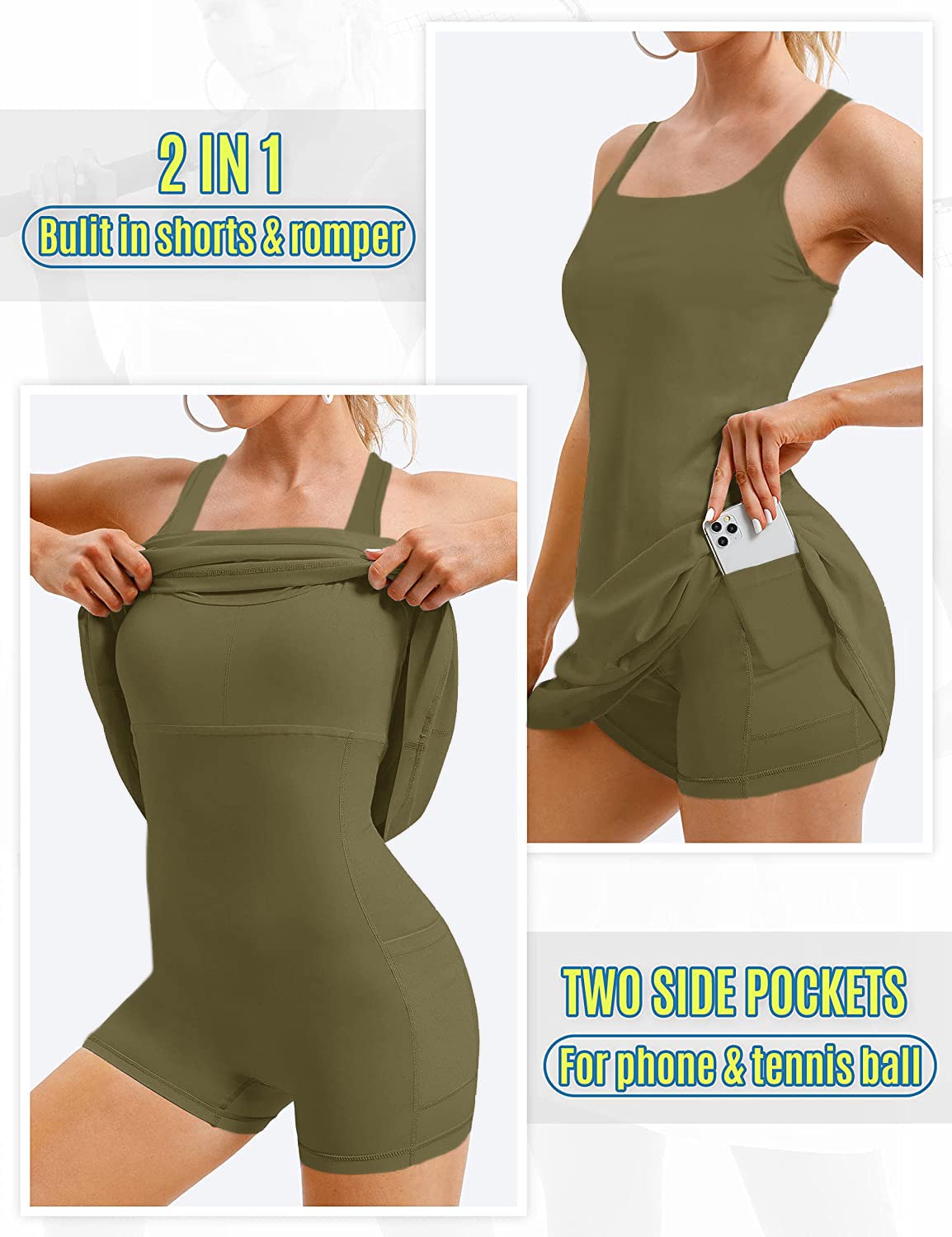 Aurgelmir Womens 2-in-1 Exercise Dresses with Built-in Shorts Workout Athletic Active Golf Tennis Dress Army Green