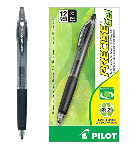 PILOT Precise Gel BeGreen Refillable & Retractable Rolling Ball Pens, Fine Point, Black Ink, 12-Pack (15001)