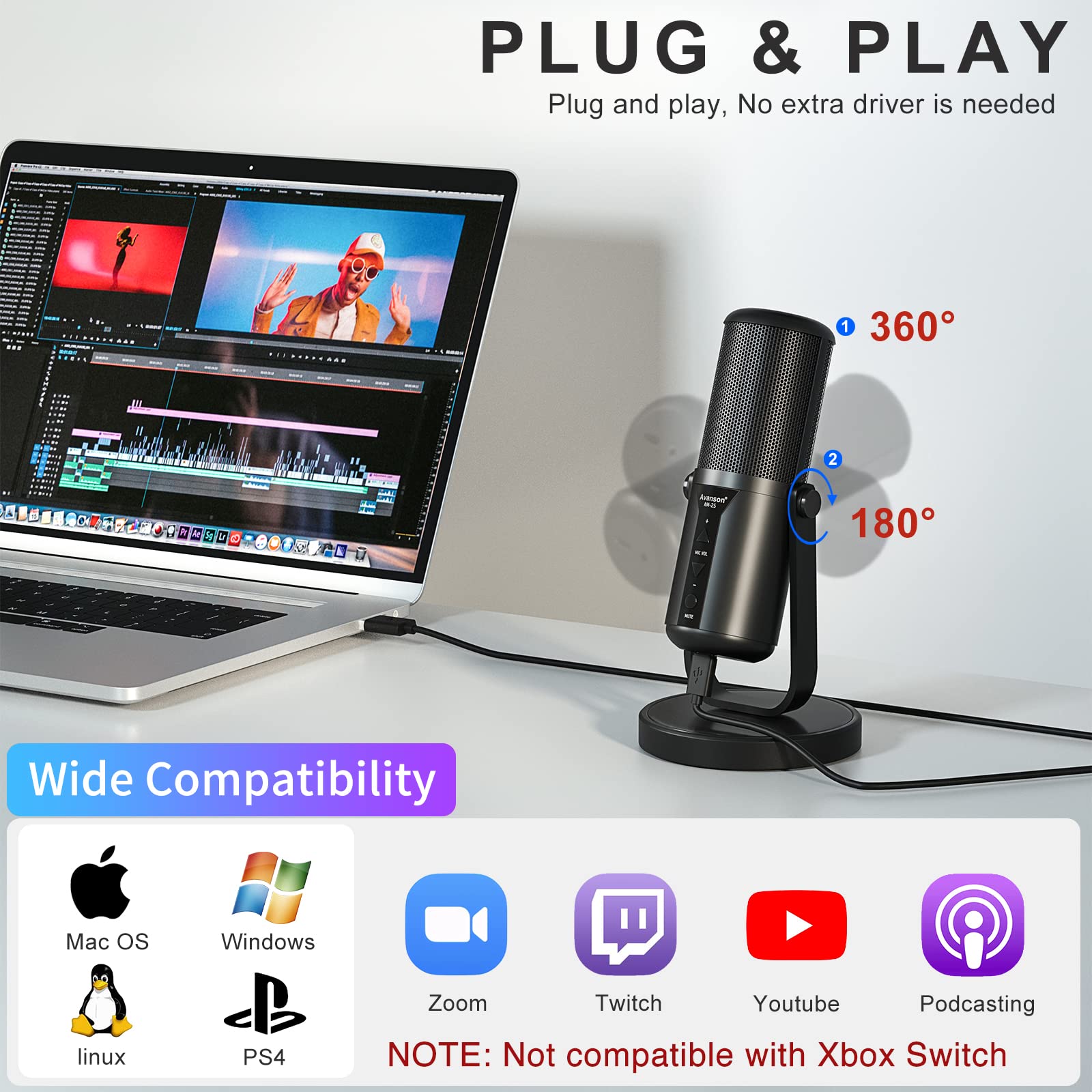 Avanson USB Condenser Microphone, Metal Build Desktop PC Recording Mic with Weighted Stand for Voice Overs Home Recording Podcasts Online Class Zoom YouTube Twitch Streaming, AM-25A