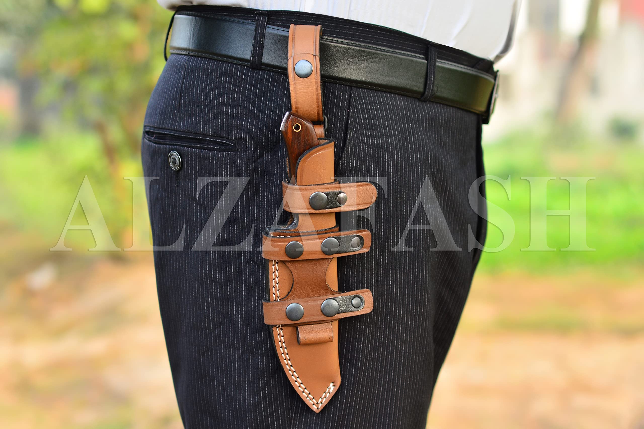 ALZAFASH Horizontal Carry Knife | Tracker Knife with Sheath | Fixed Blade Knife with Wooden Handle | Bushcraft Knife | Survival Knife | Camping Knife (Armor) No.6