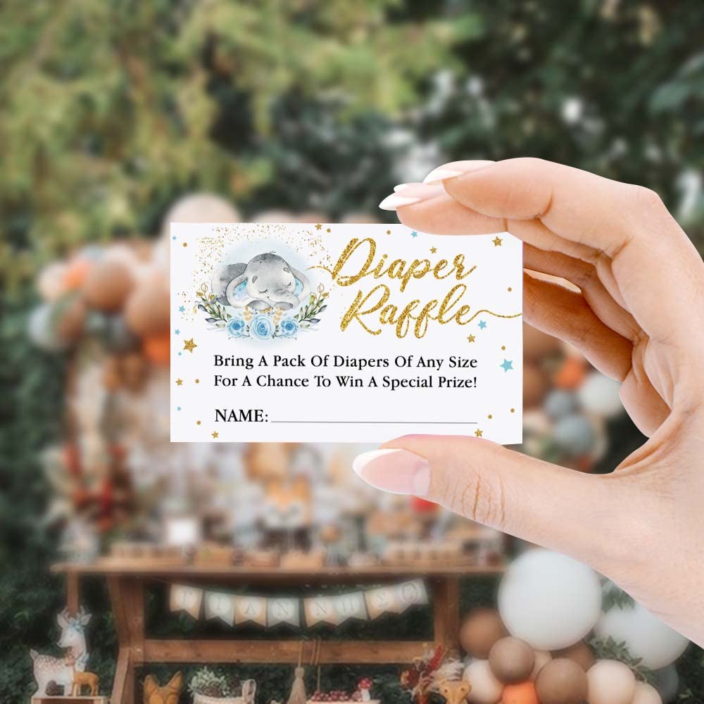Blue Elephant Diaper Raffle Sign, Blue Sleeping Elephant Eucalyptus Baby Shower Raffle Insert Ticket, Bule Flower Baby Shower Decorations