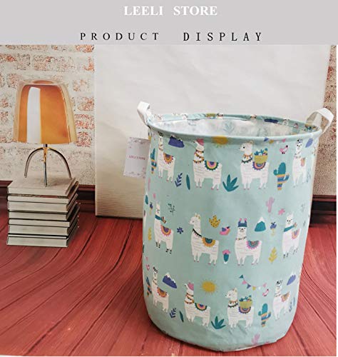 LEELI Laundry Hamper with Handles Collapsible Canvas Laundry Basket,Waterproof Storage Basket Home Organizer for Nursery,Clothes,Toys,Baby Hamper19.7×15.7(Blue Llama)