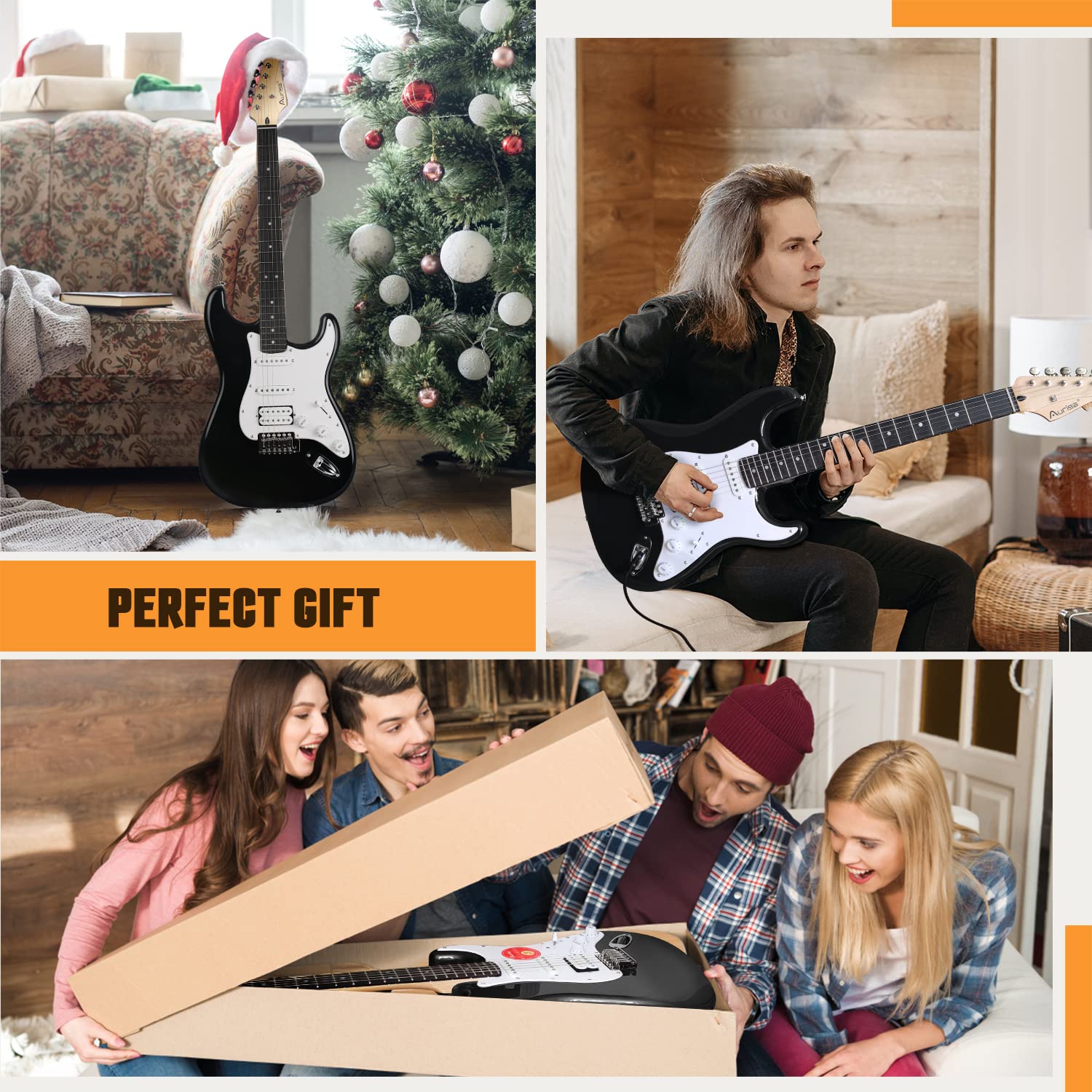 Auriga 39 Inch Electric Guitar (Black-White), 6 string Beginner Guitar Kit with Gig Bag, Tremolo Bar, Strap, Cable, Picks, Hex Wrench